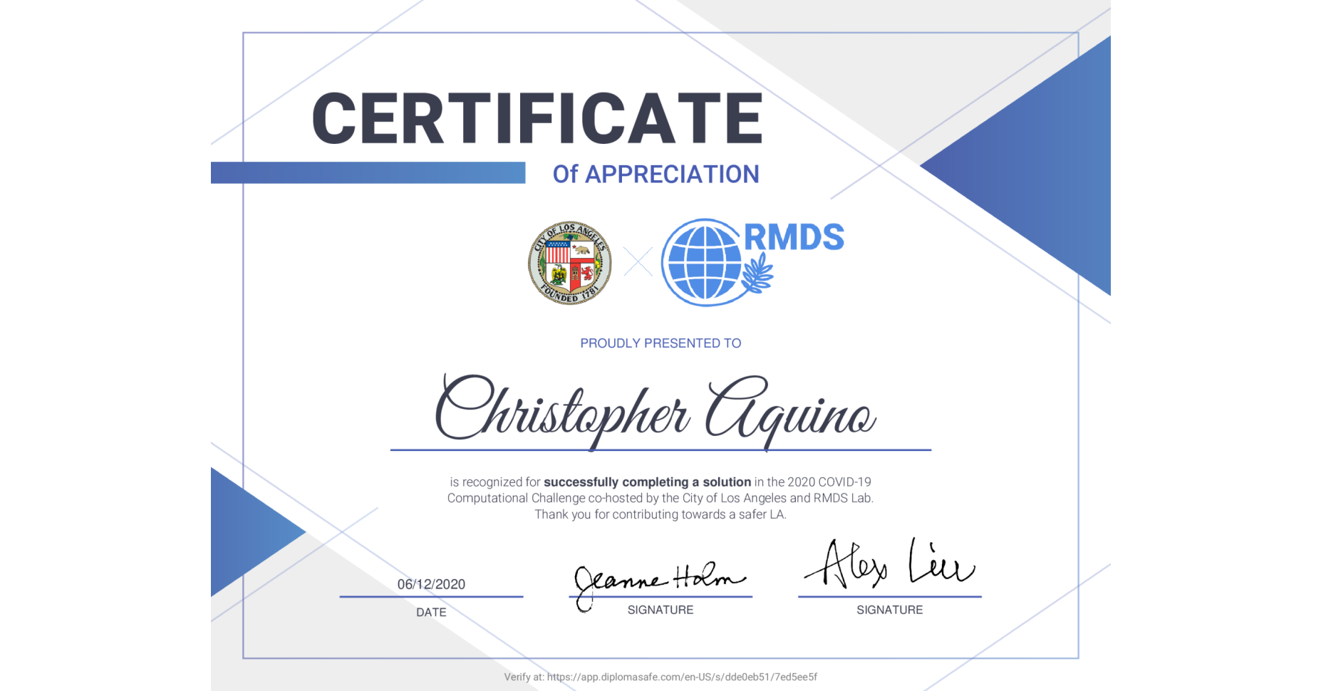 Certificate of Appreciation - Diplomasafe